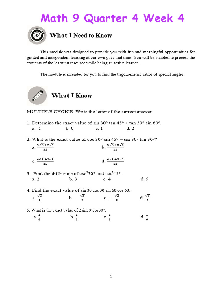 Math-9-Quarter-4-Week-4 | PDF | Trigonometry | Special Functions