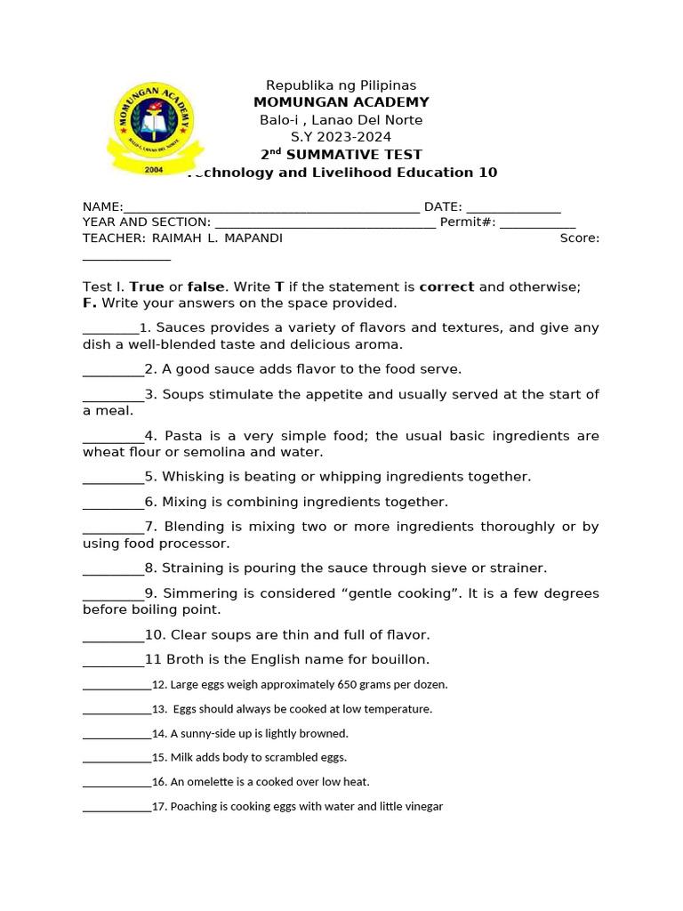 1st Quarter Exam TLE10 (TOS | PDF | Pasta | Soup