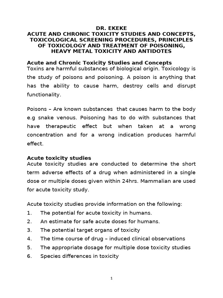 Acute and Chronic Toxicity Studies and Concepts, Toxicological ...