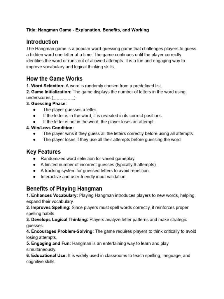 Hangman Game - Explanation, Benefits, and Working | PDF