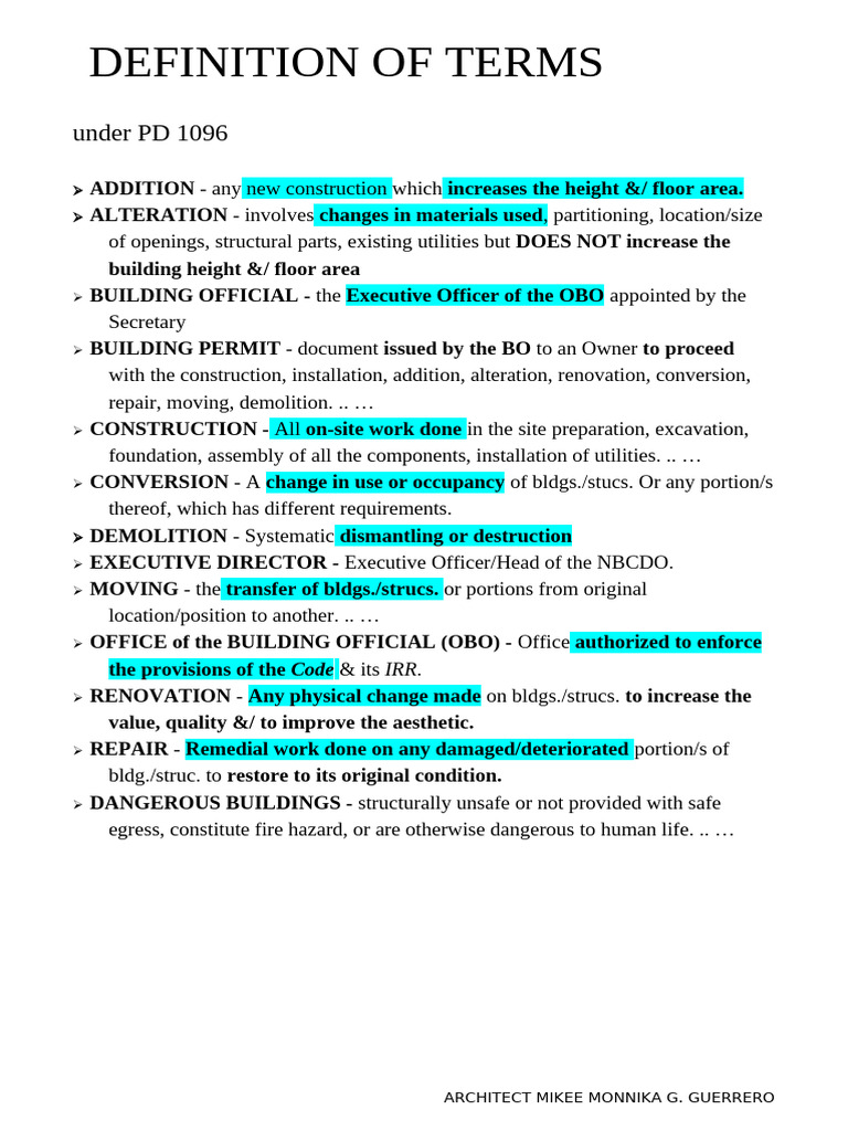Key Terms in PD 1096 Building Code | PDF
