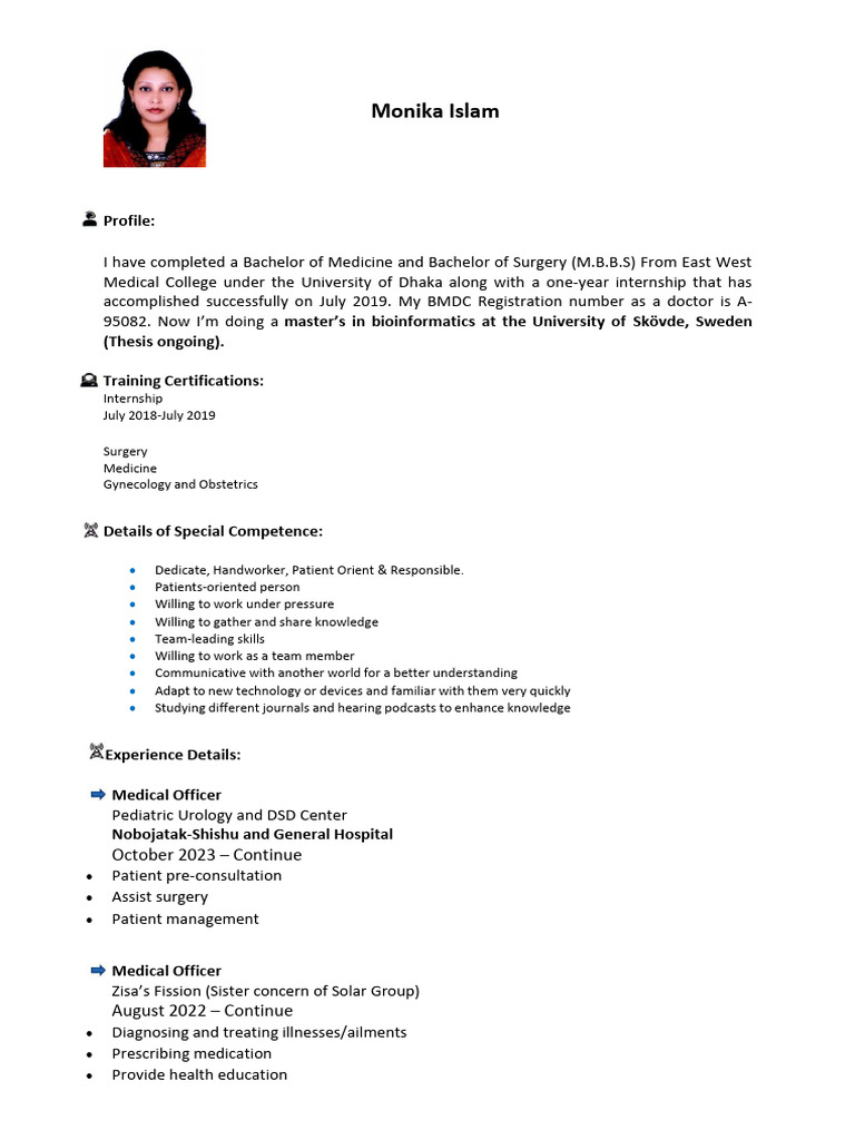 Dr. Monika Islam Resume-new | PDF | Medicine | Surgery