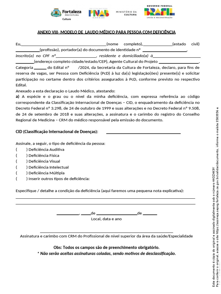Anexo VIII Modelo de Laudo Medico para Pessoa Com Deficiencia | PDF