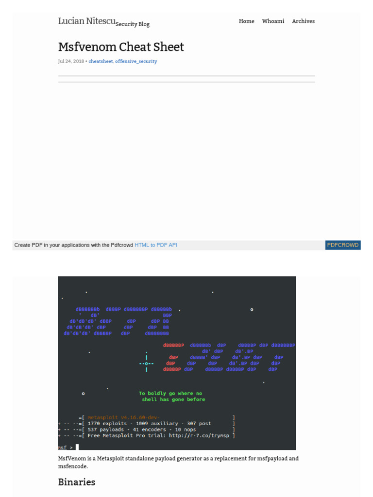 Msfvenom Cheat Sheet | PDF | Internet | Software Engineering