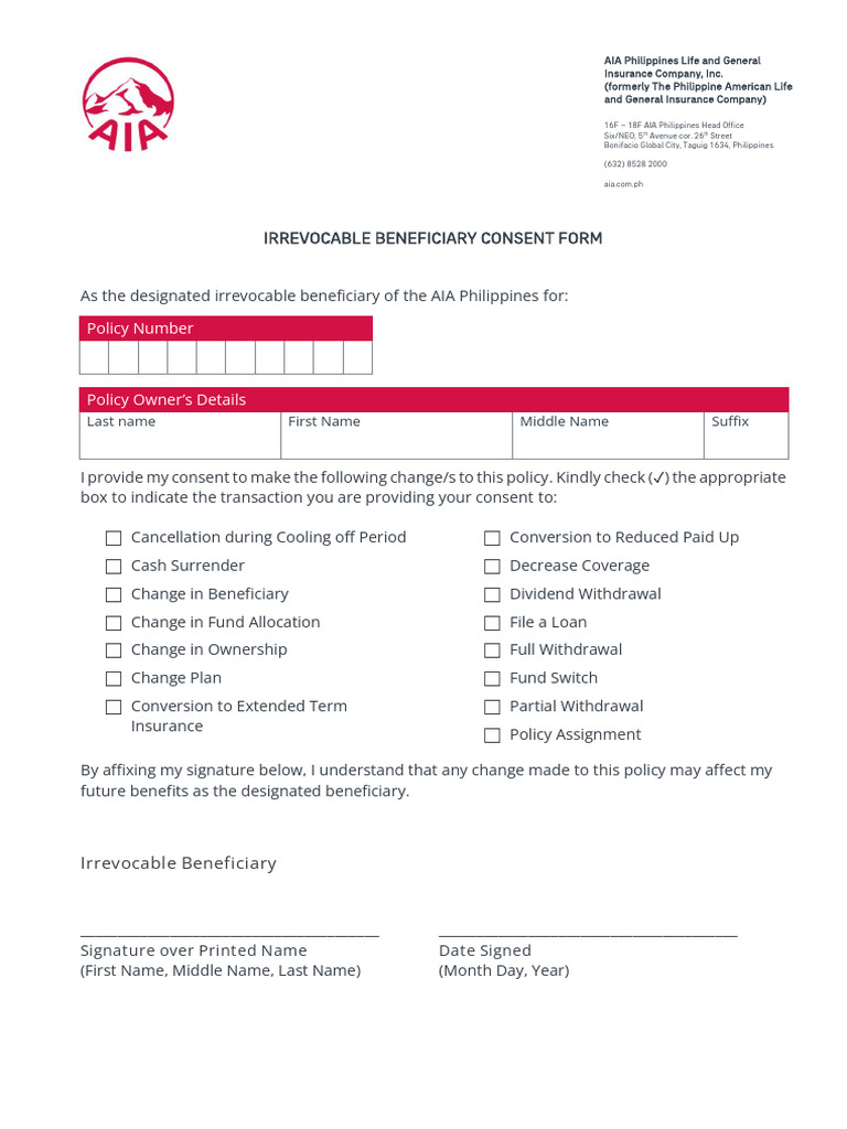Irrevocable Beneficiary Consent Form Aia PH | PDF | Insurance | Business