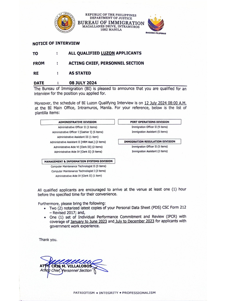 Notice of Interview - Batch 8 Hiring | PDF
