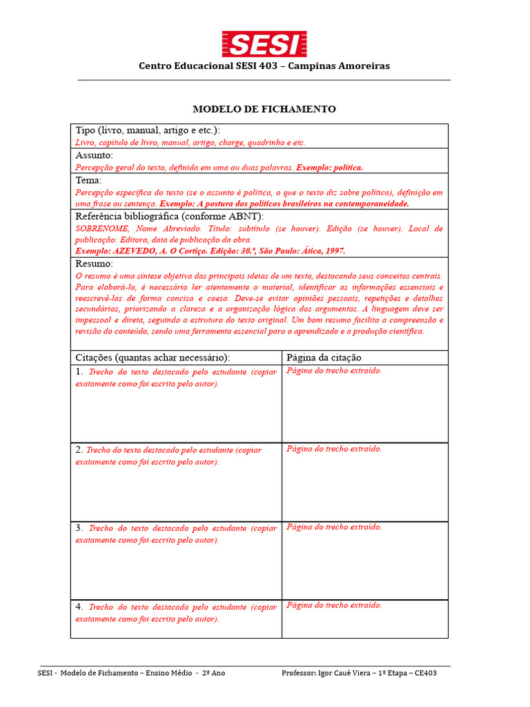 Preenchido - Modelo - Fichamento | PDF | Abstract (resumo) | Citação