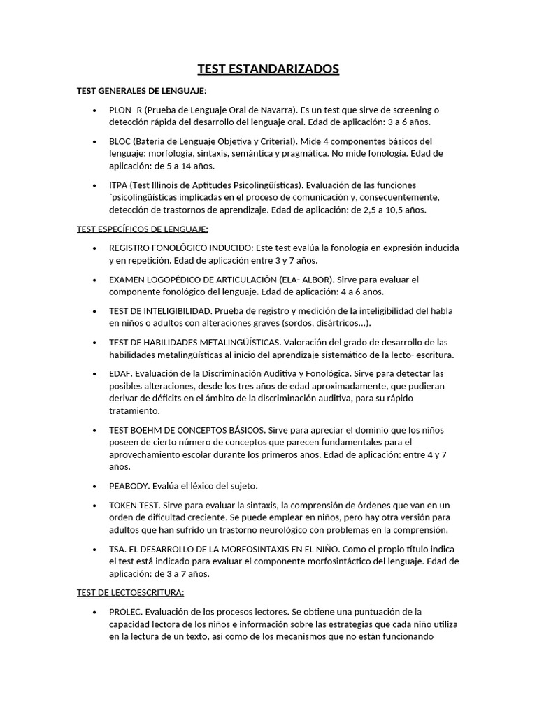 Test Estandarizados de Lenguaje y Aprendizaje | PDF | Cociente de ...