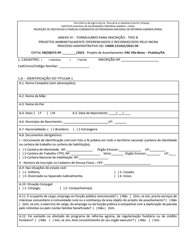 ANEXO 01 Formulario de Inscricao TIPO B PAE Vila Nova | PDF | Propriedade privada