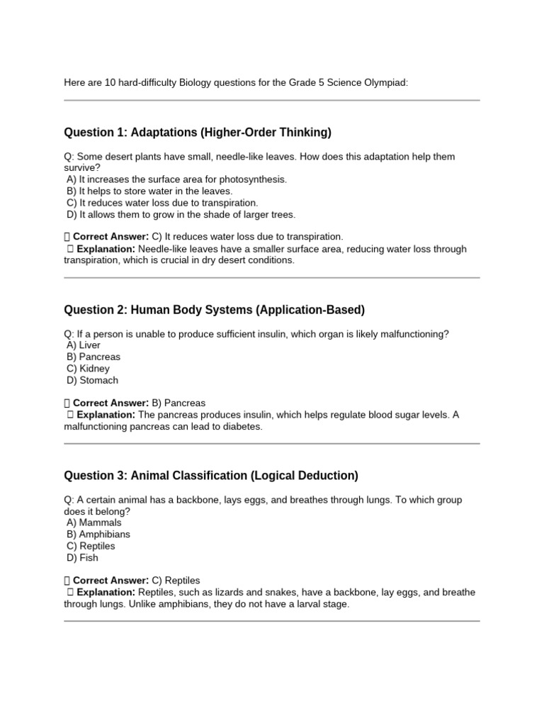 Here Are 10 Hard-Difficulty Biology Questions For The Grade 5 Science ...
