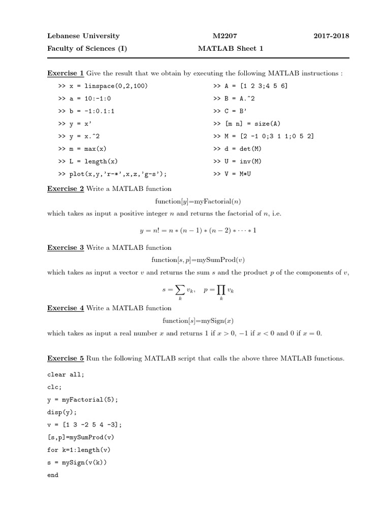MATLAB Exercises for Lebanese University | PDF