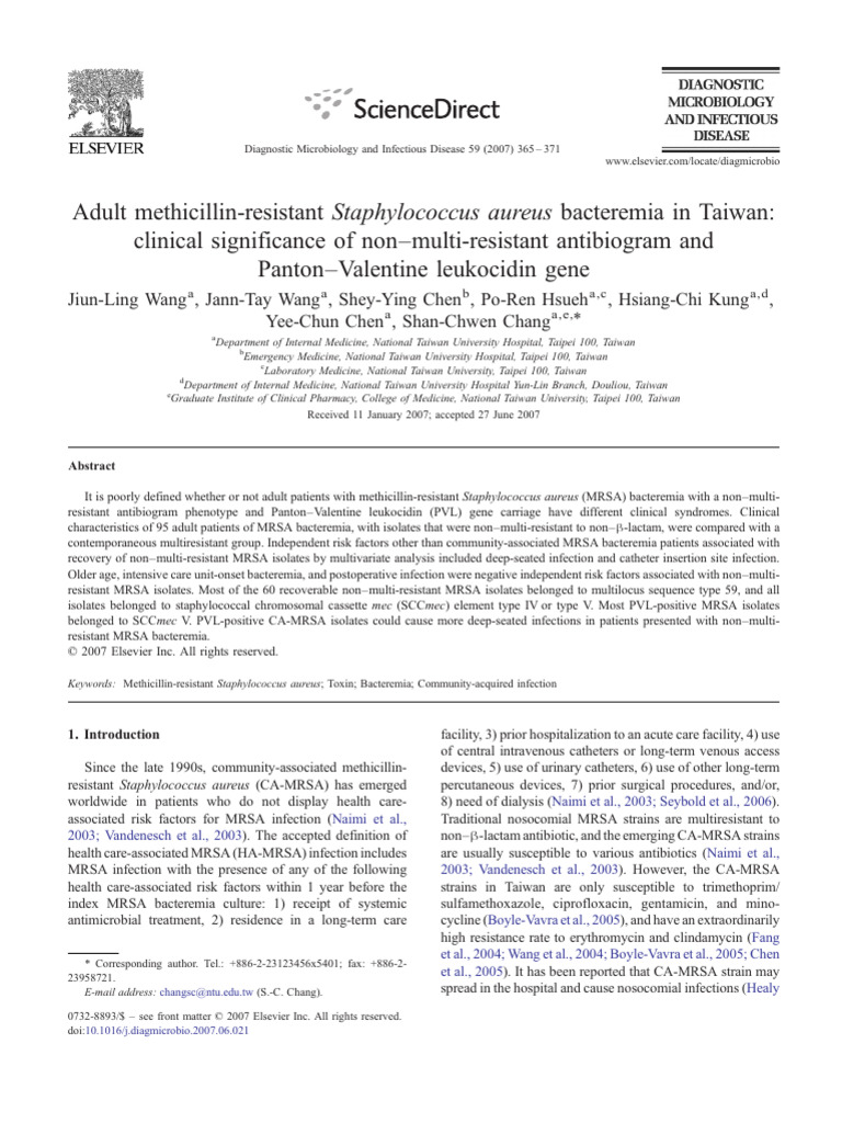 Adult methicillin-resistant Staphylococcus aureus bacteremia in Taiwan: clinical significance of ...