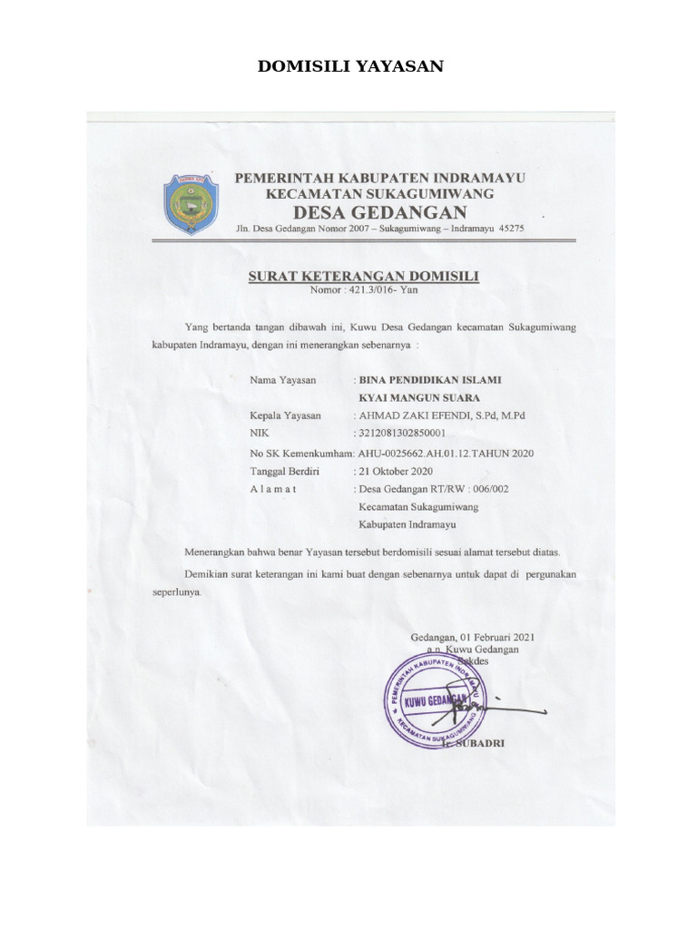 Domisili Yayasan | PDF