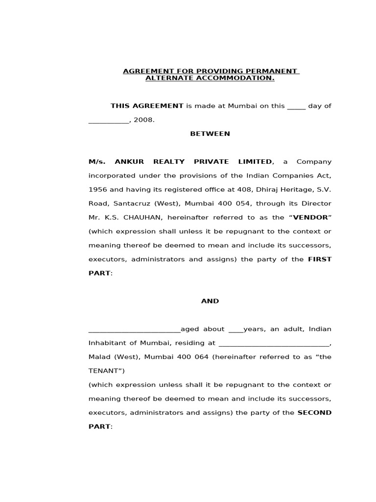 Dharap 17.10.2008 Agreement For Providing Permanent Alternate Accommodation Made With Ankur ...