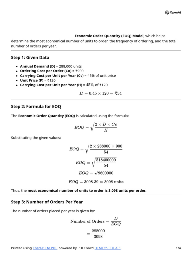 EOQ Calculation and Ordering | PDF | Applied Mathematics