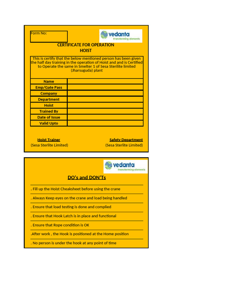 Hoist Operation Certification Document | PDF