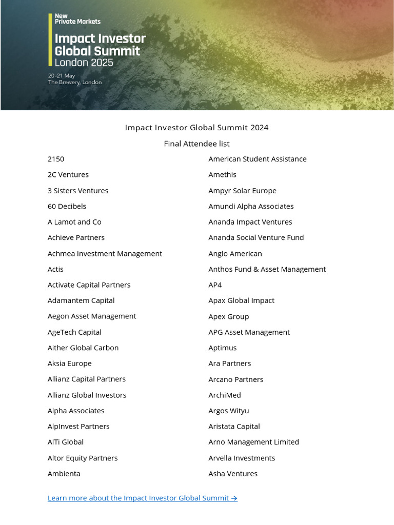 Impact Investor Global Summit Attendee List Final | PDF | Financial Services | Investing