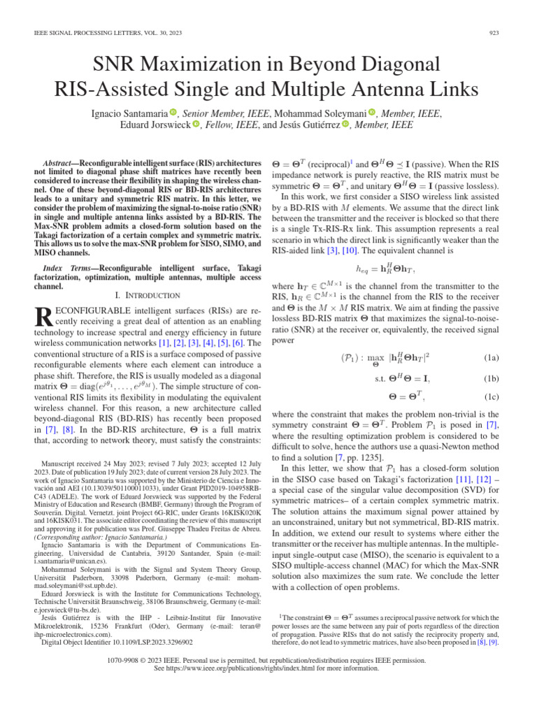 SNR Maximization in Beyond Diagonal RIS-Assisted Single and Multiple ...