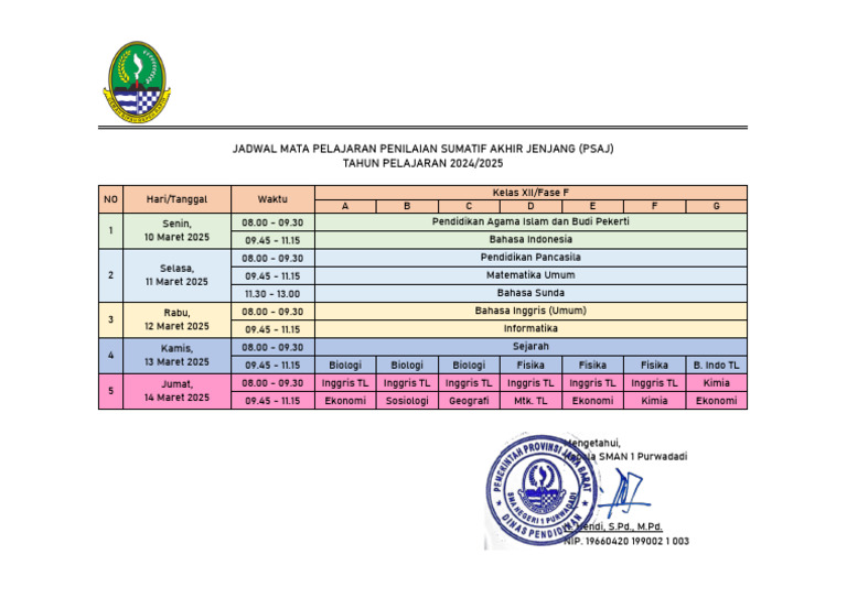 Jadwal Pelajaran Psaj 2025 | PDF