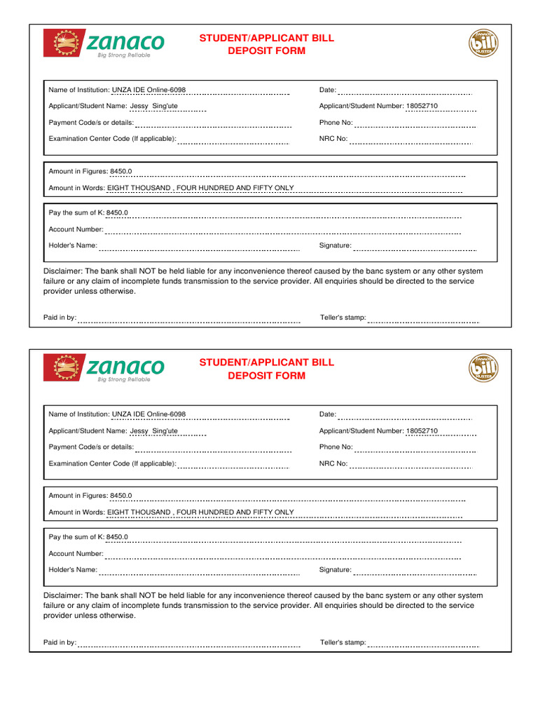 Zanaco Deposit Form-1 | PDF