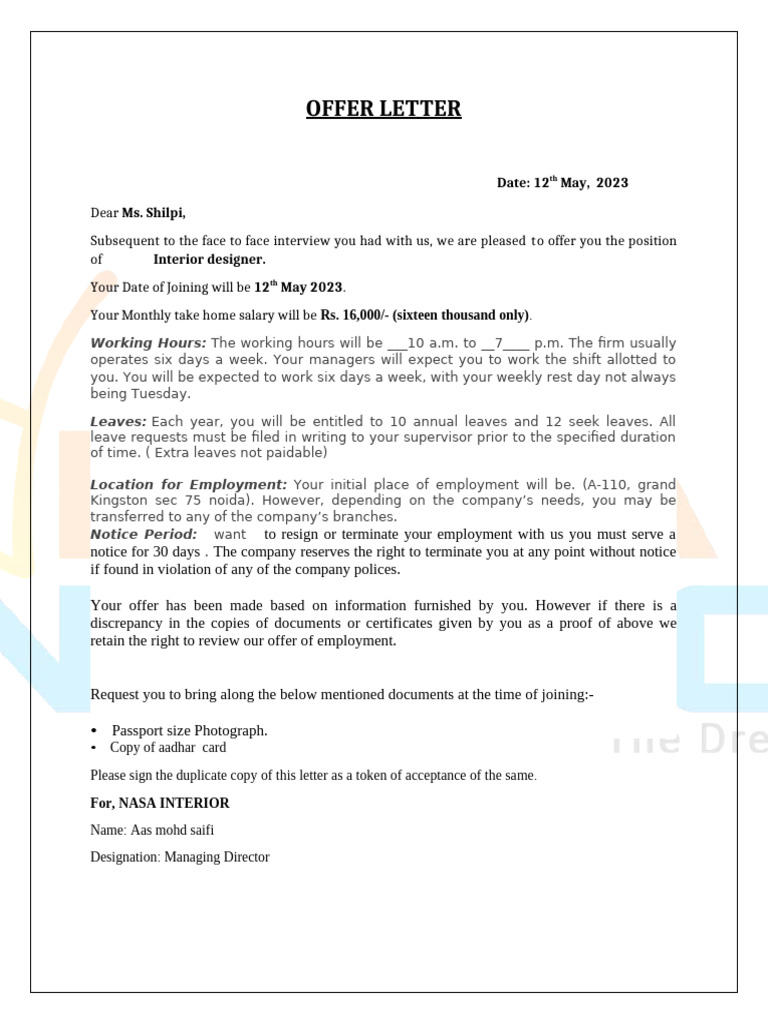 Interior Designer Offer Letter | PDF