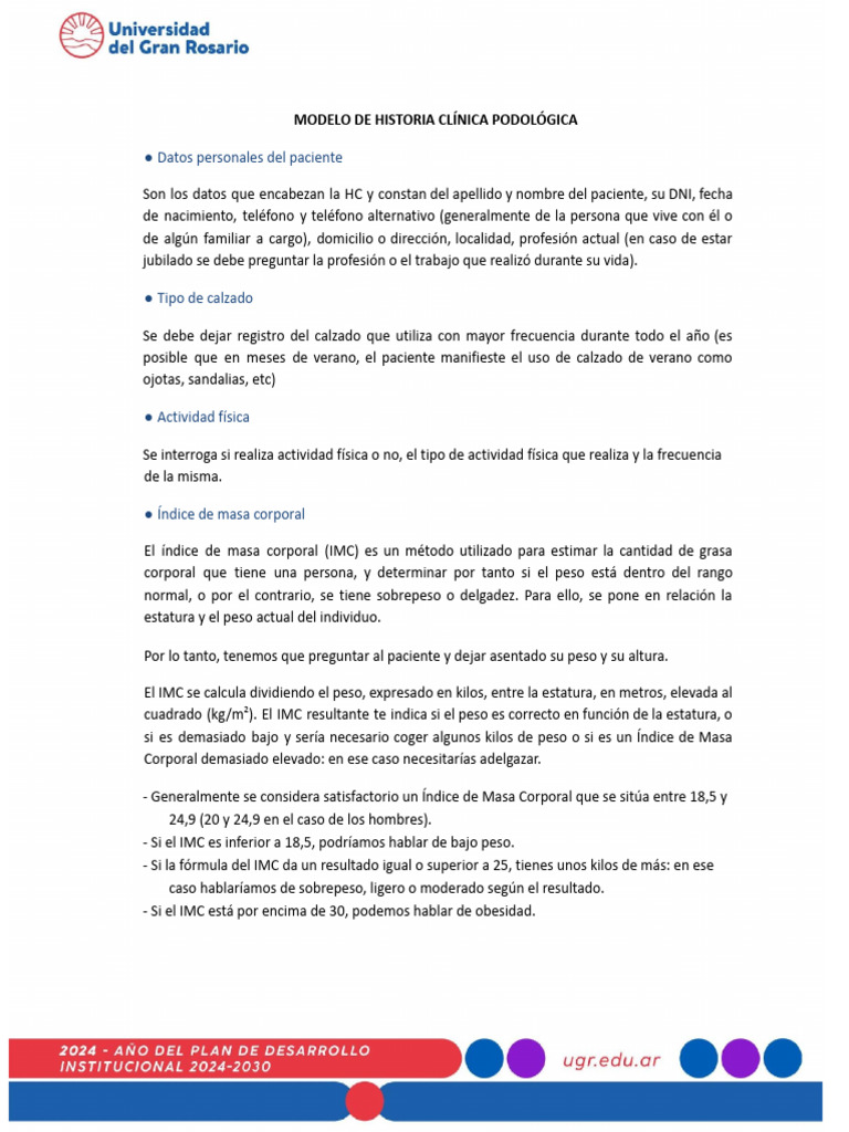 HISTORIA CLÍNICA PODOLÓGICA .docx | PDF | Índice de masa corporal | Rodilla