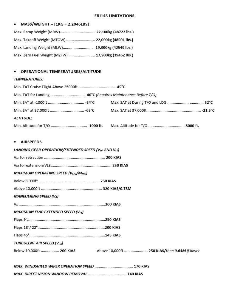 ERJ145 Operational Limitations Overview | PDF | Engines | Flap ...