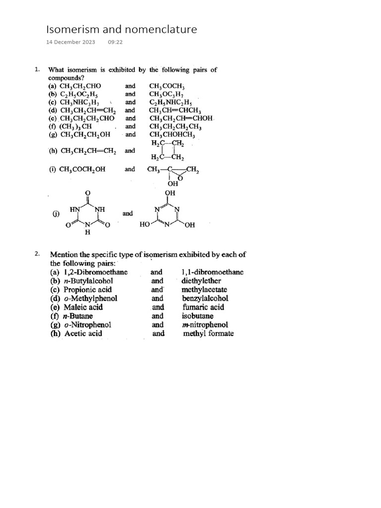 Isomerism and Nomenclature Worksheet | PDF