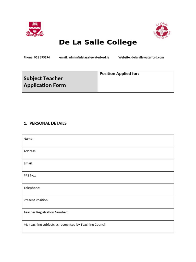 De La Salle College Teacher Application Form | PDF | Teachers ...