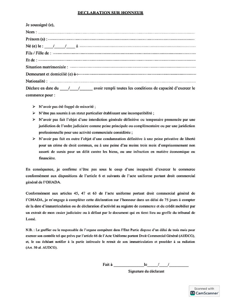Déclaration Sur Honneur | PDF