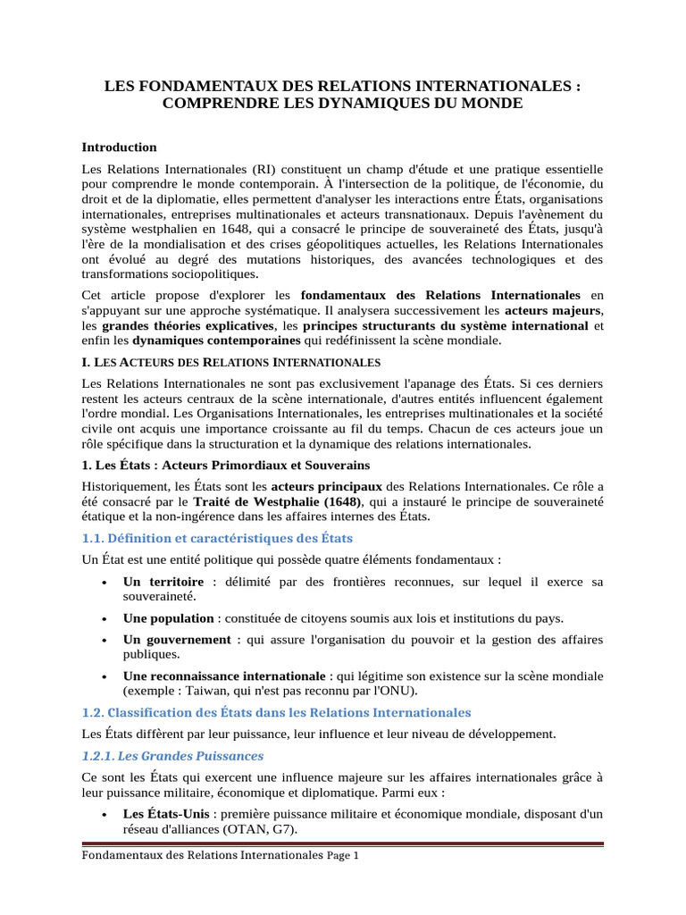 Les Fondamentaux Des Relations Internationales | PDF | État | Relations ...