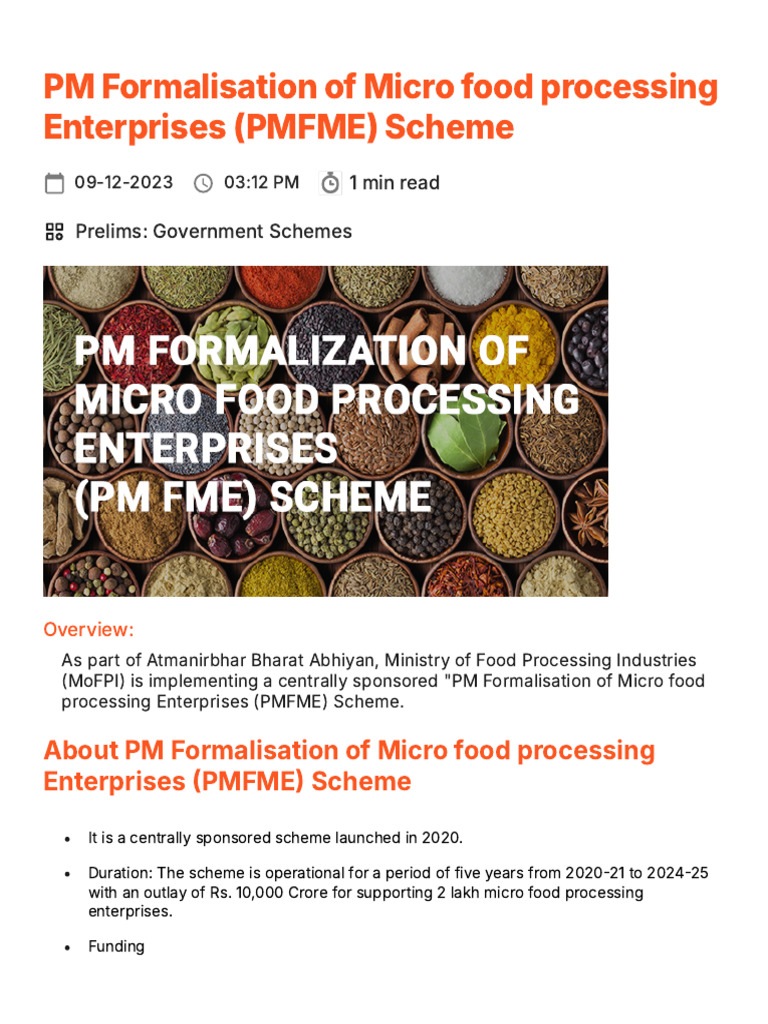 PM Formalisation of Micro Food Processing Enterprises (PMFME) Scheme | PDF | Economies