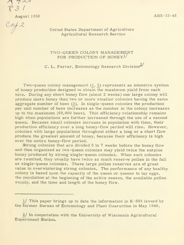 Clayton Leon Farrar - Two-Queen Colony Management For Production of Honey | PDF | Beehive | Honey