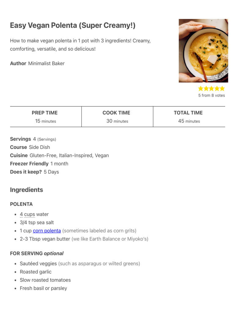 Easy Vegan Polenta (Super Creamy!) - Minimalist B | PDF | Fat | Butter