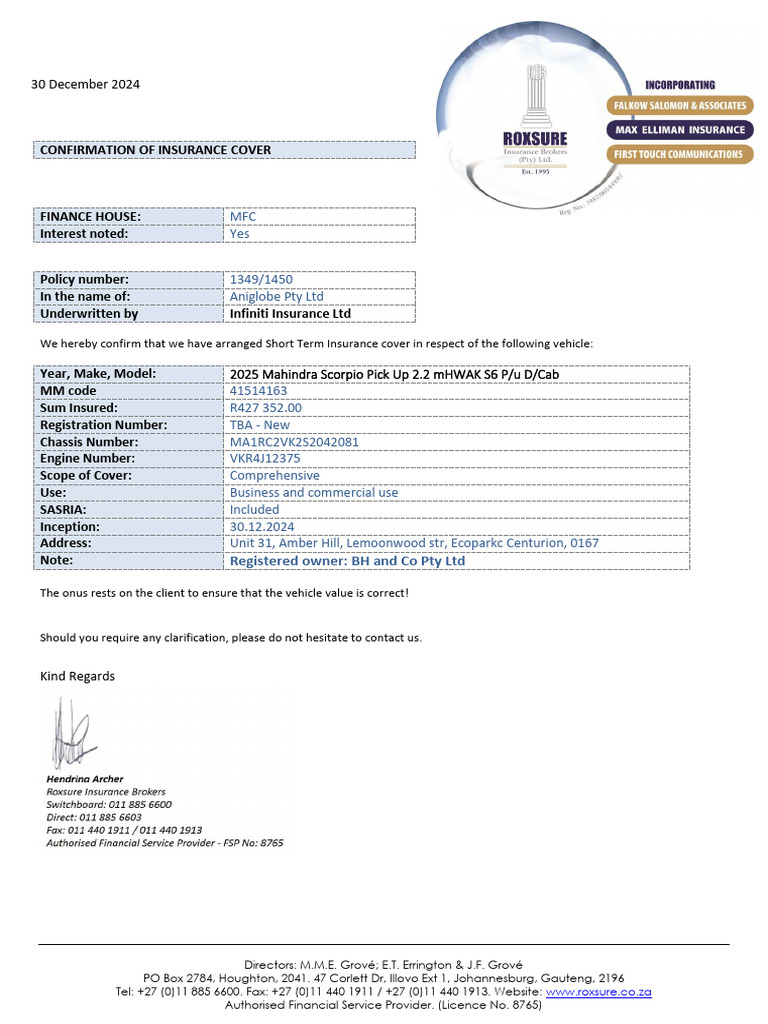 Roxsure Vehicle Insurance Confirmation | PDF