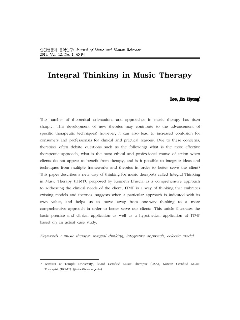 Integral Thinking in Music Therapy Author Lee Jin Hyung | PDF | Psychotherapy | Thought