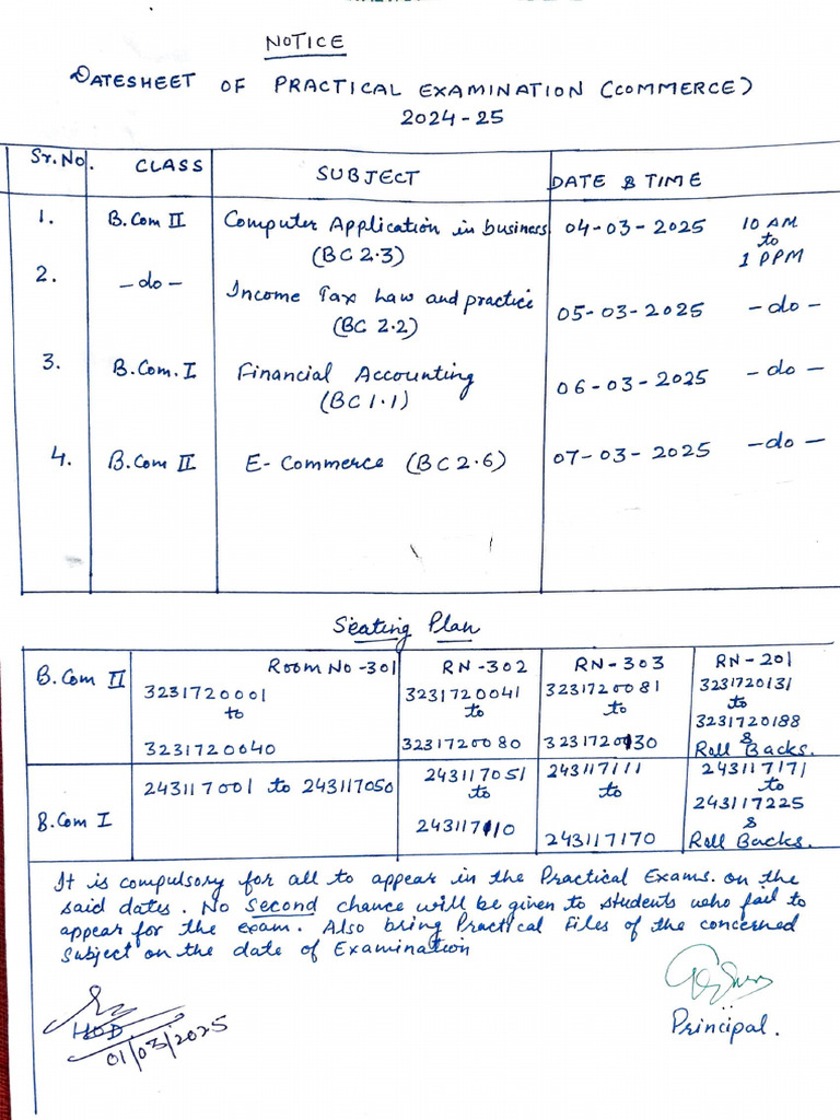 Practical Date Sheet March (2024-25) | PDF