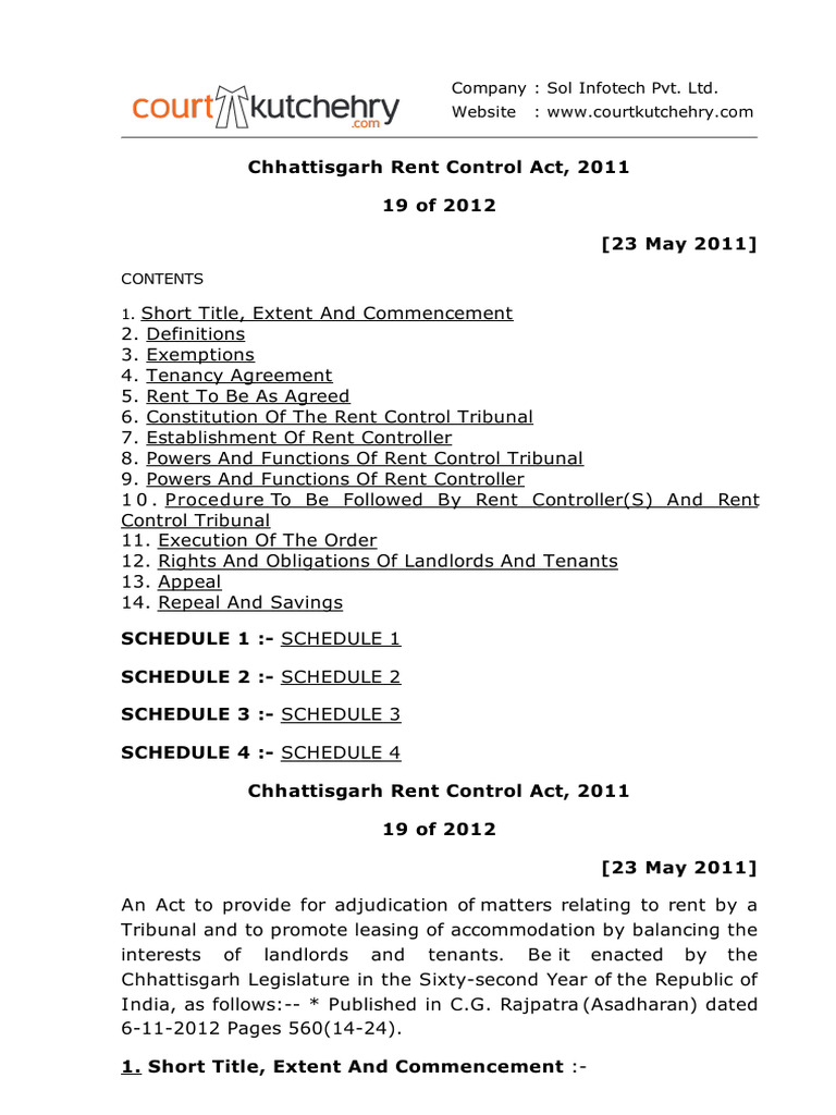 Chhattisgarh Rent Control Act, 2011 | PDF | Leasehold Estate | Lease