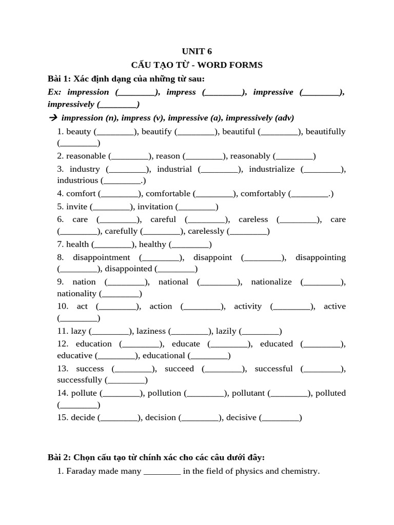 TOEIC - UNIT 6 - WORD FORMS (BÀI TẬP) | PDF