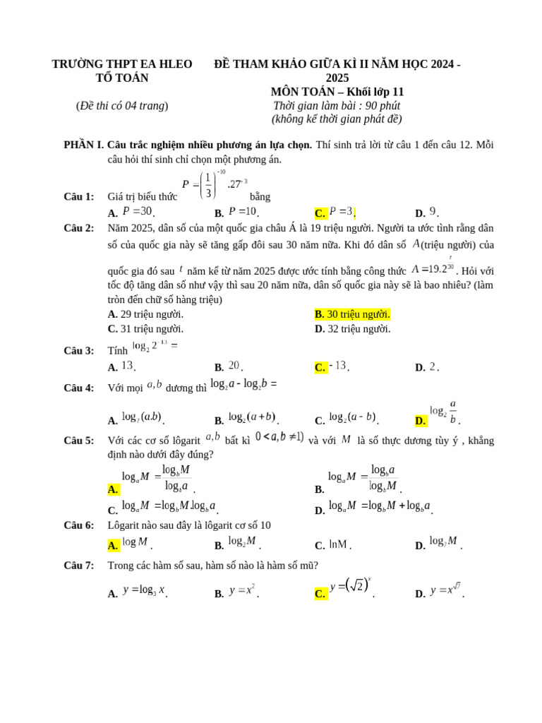 ĐỀ MINH HỌA GK2 TOÁN 11 | PDF