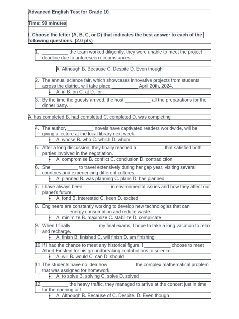 Advanced English Test For Grade 10 | PDF | Natural Environment