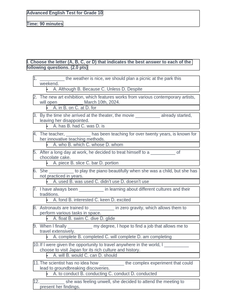 Advanced English Test For Grade 11 | PDF