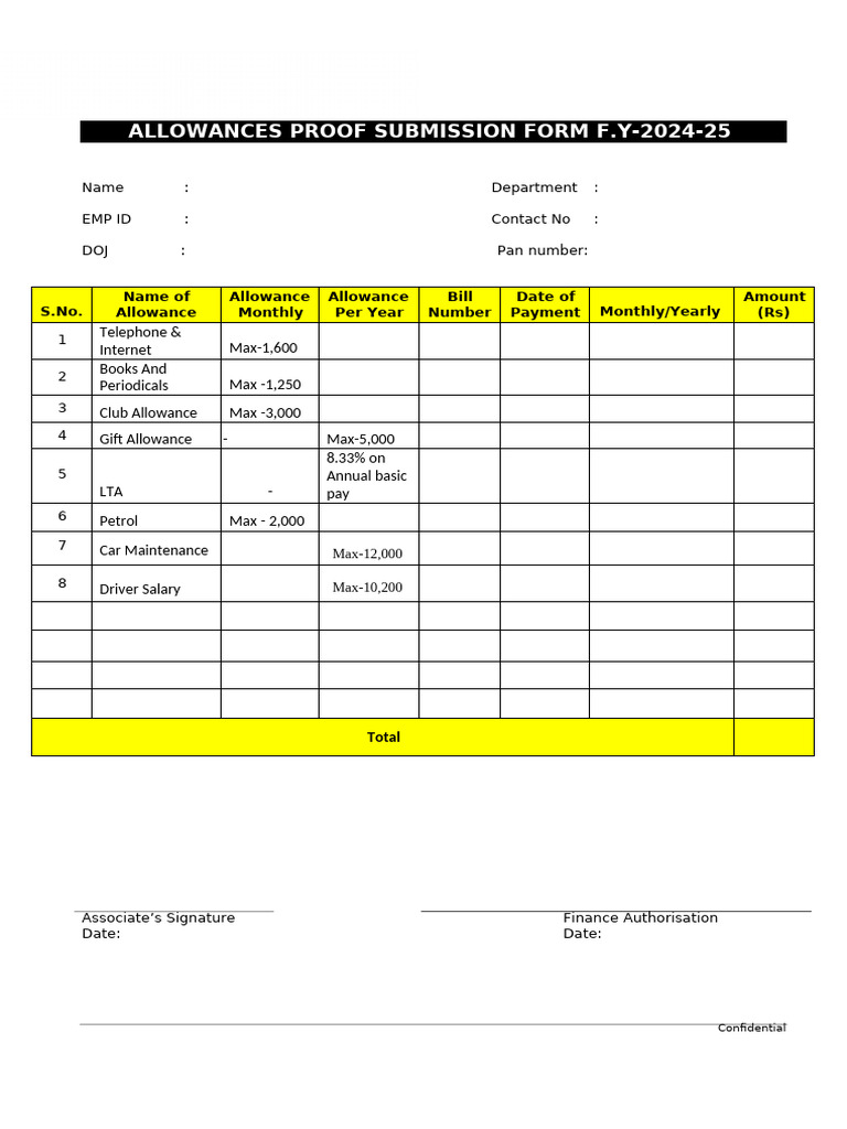 Allowances Proof Submission Form 2024 | PDF