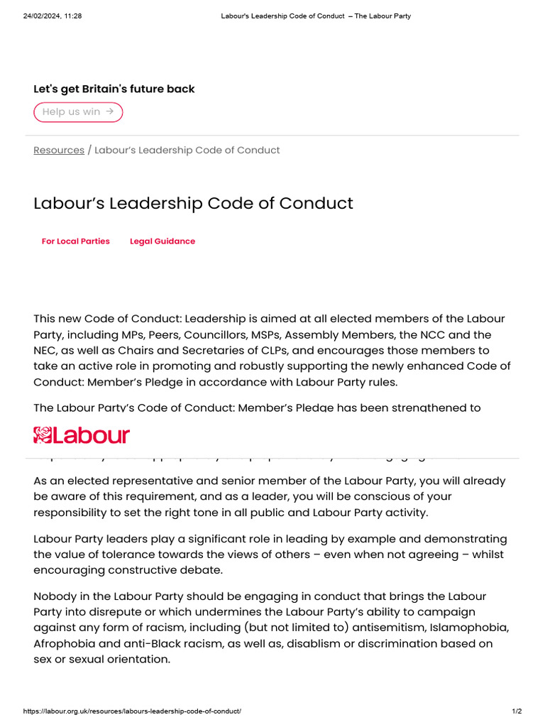 Labour's Leadership Code of Conduct - The Labour Party | PDF | Labour ...