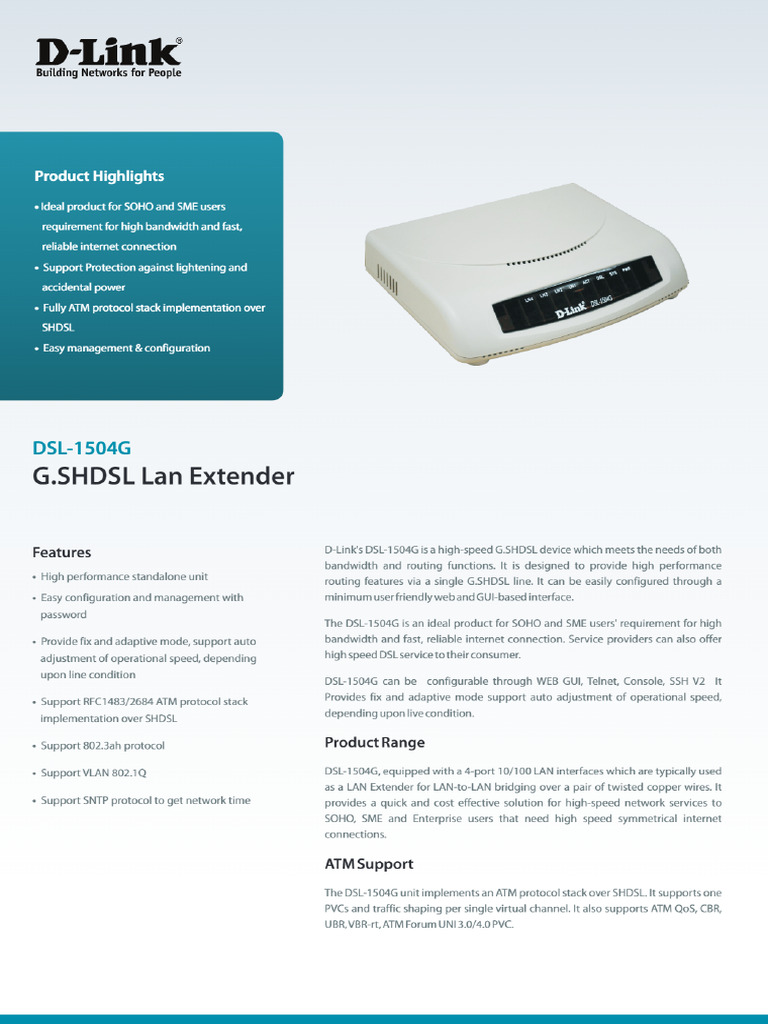 D-Link Dsl-1504g G.SHDSL Lan Extender - PDF Catalogue | PDF