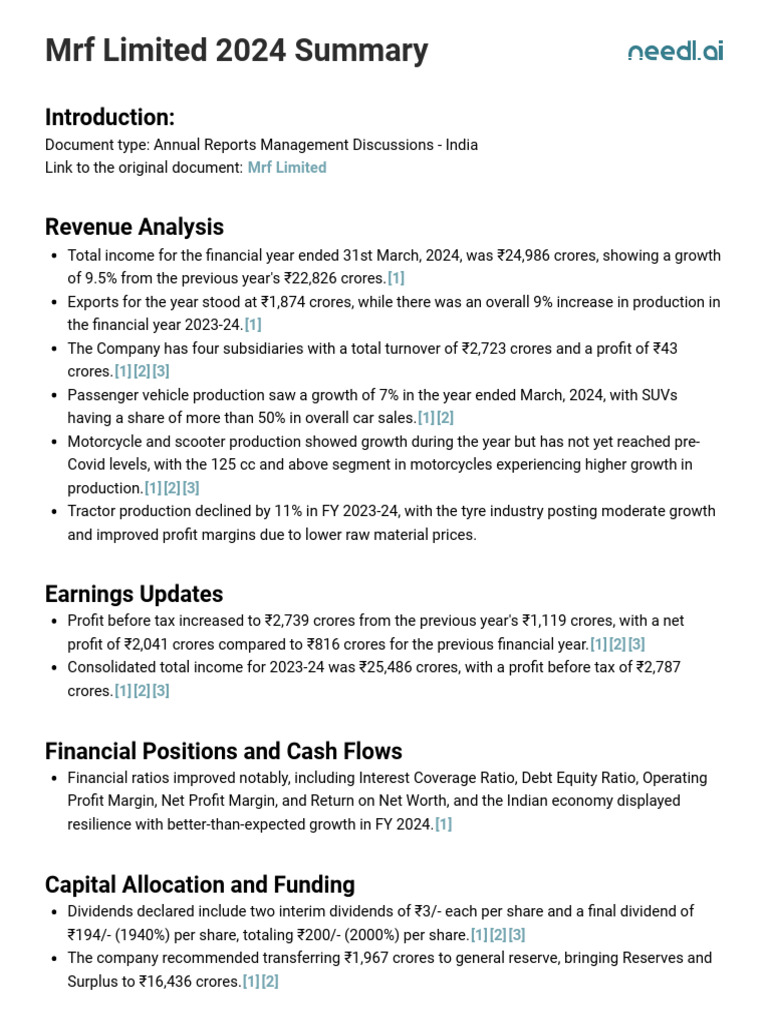 MRF Limited 2024 Summary | PDF | Audit | Revenue