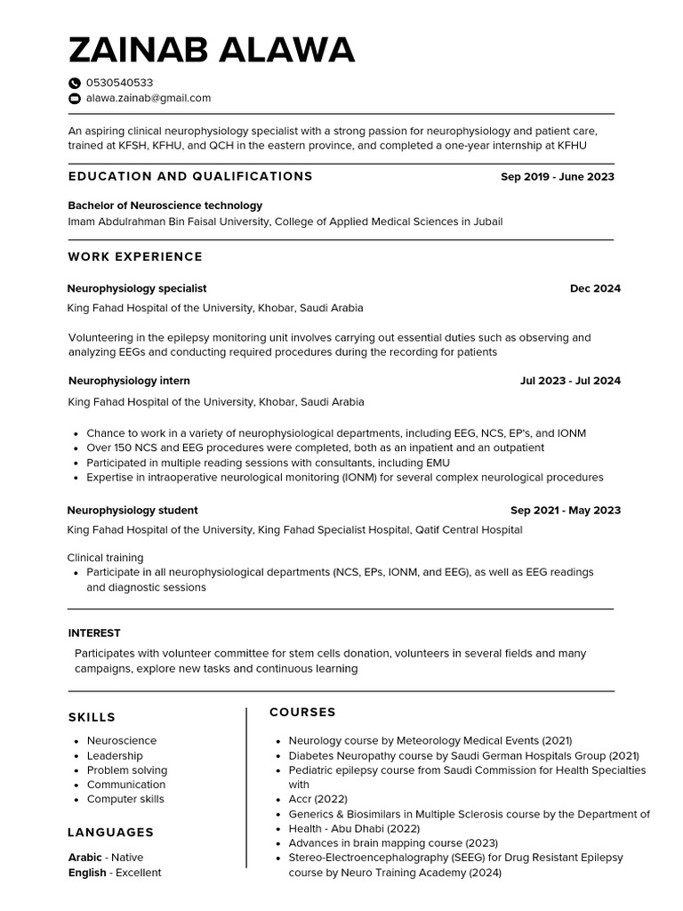 Zainab Alawa CV | PDF | Neurology | Nervous System