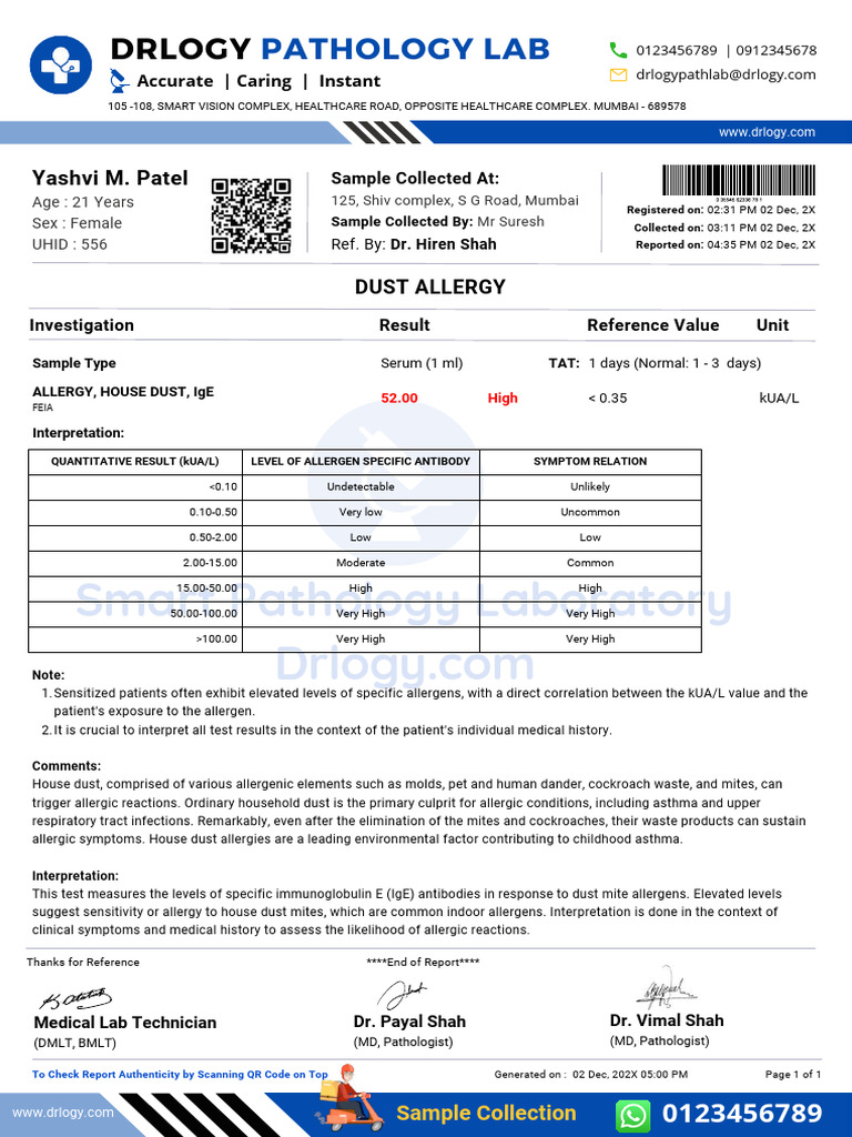 DUST ALLERGY Test Positive Result Report Format Example Sample Template ...