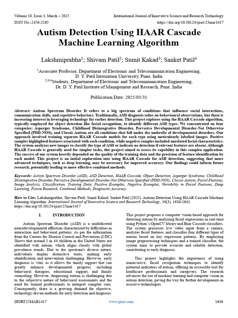 Autism Detection Using HAAR Cascade Machine Learning Algorithm | PDF | Autism | Pervasive ...