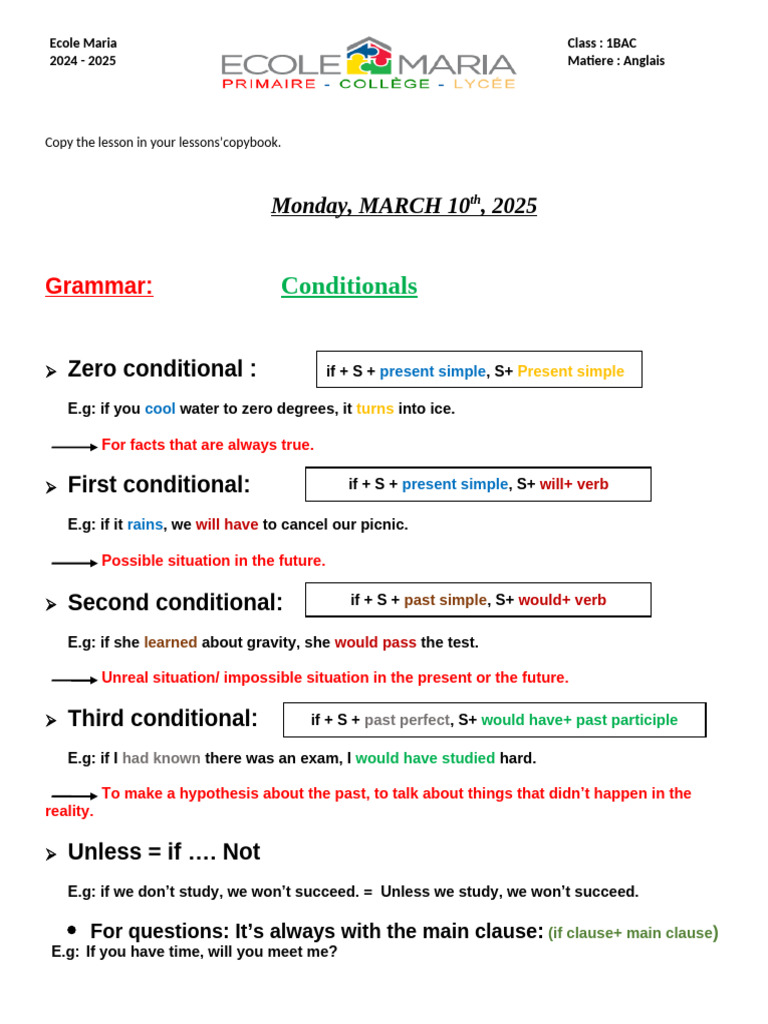 1bac SC Maths, Grammar, Conditionals | PDF